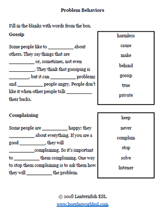 Problem Behavior Cloze Worksheet