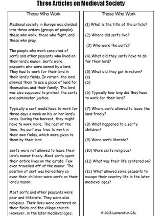 Medieval Society Graded Reading Communication Activity