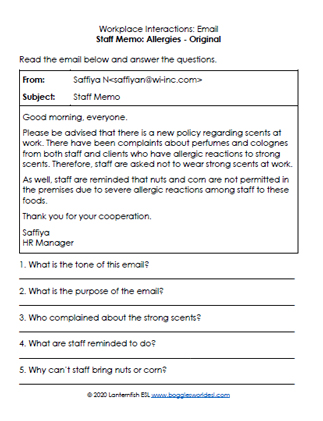 Allergy Memo Reading Comprehension Workplace Interactions Worksheet